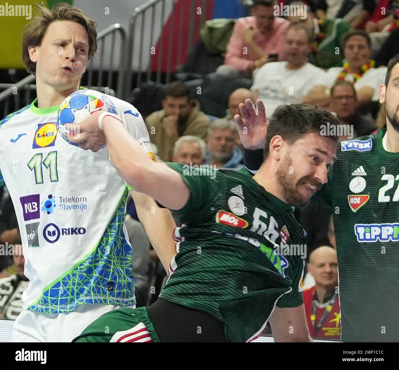 Jure Dolenec of Slovenia and Mate Lekai of Hungary during the Men's EHF ...