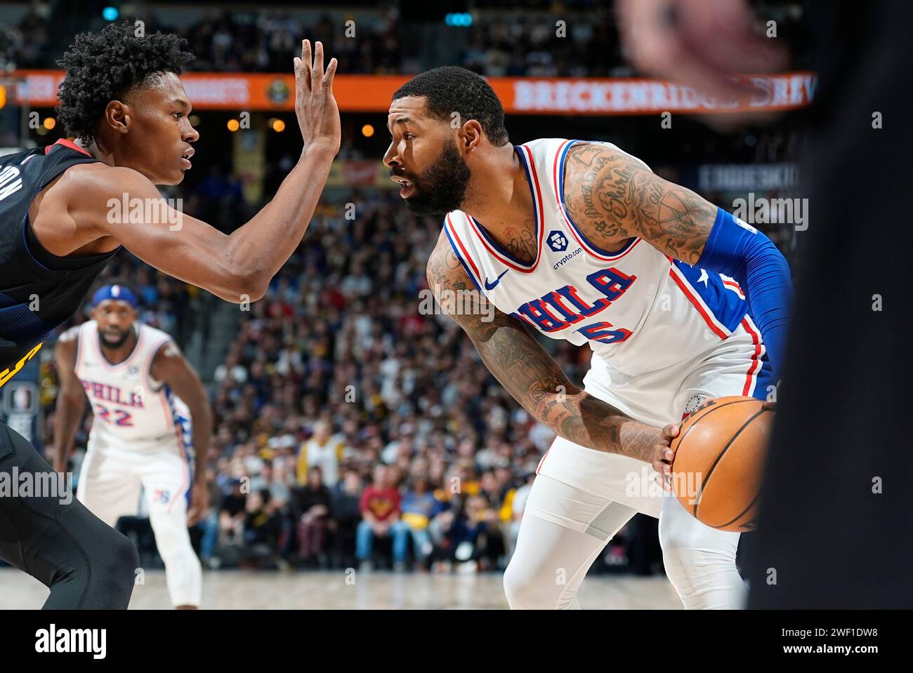 Philadelphia 76ers forward Marcus Morris Sr., right, looks to drive ...