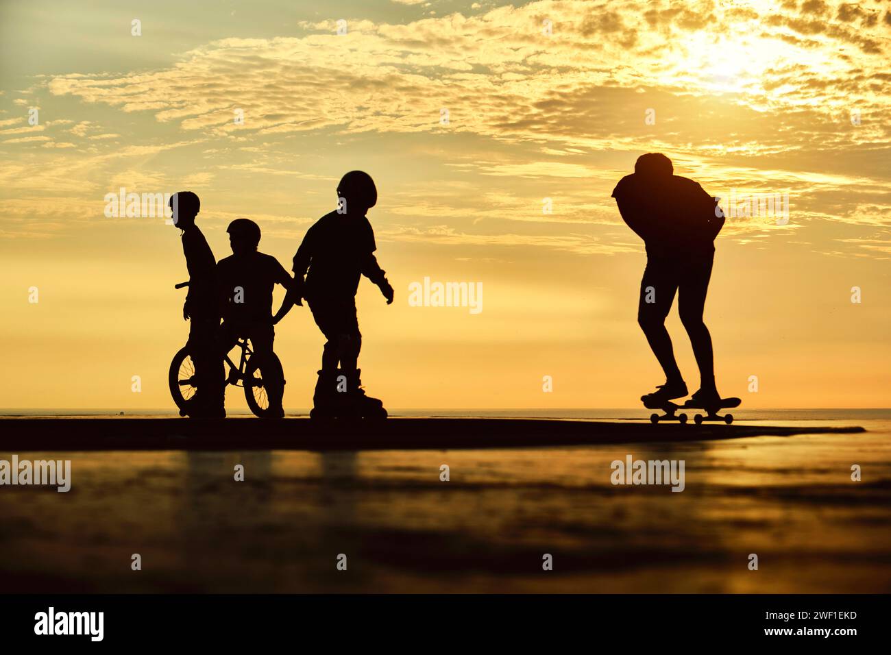 Silhouette of young jumping skateboarder riding longboard, summer ...