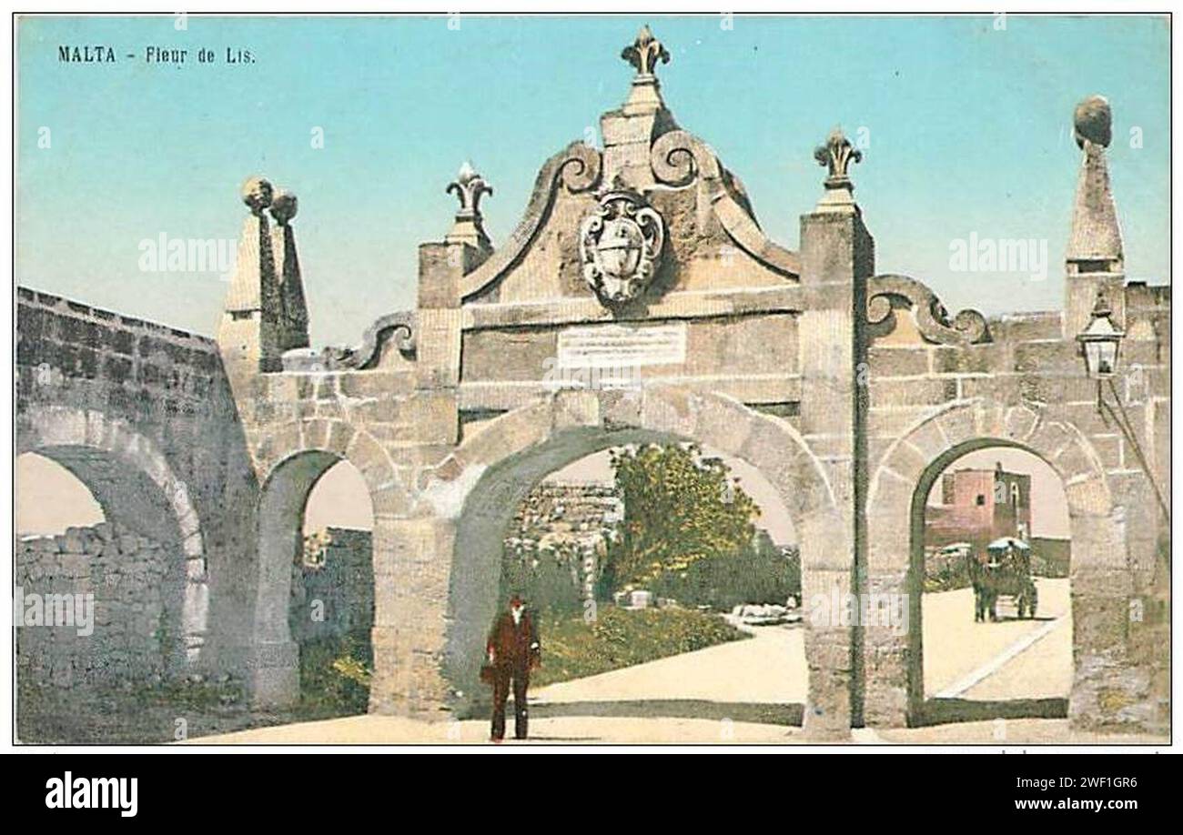 Arc de Wignacourt in Fleur-de-Lys, Malta (1920s colorised portcard ...