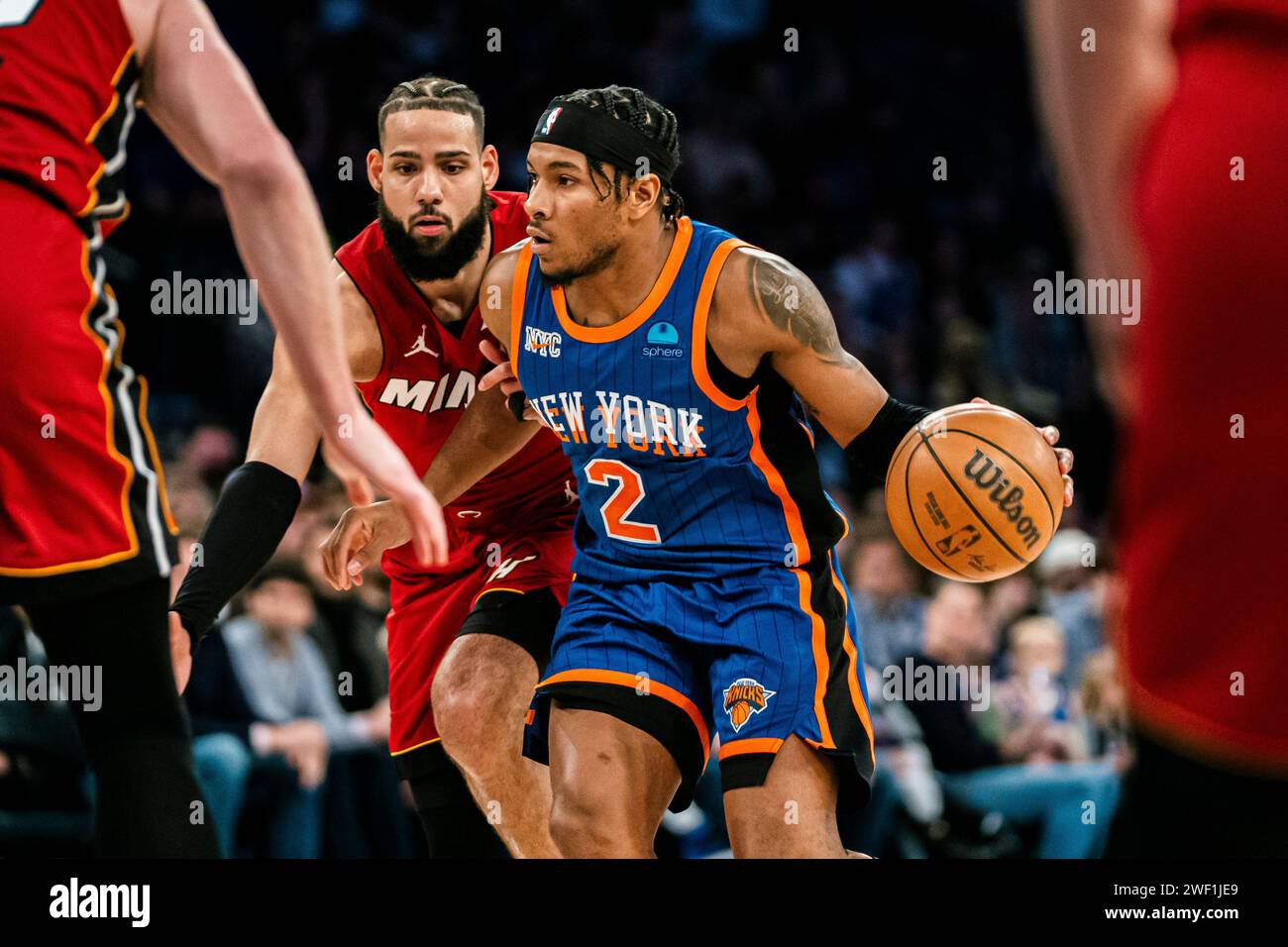 New York Knicks guard Miles McBride (2) drives to the basket against ...