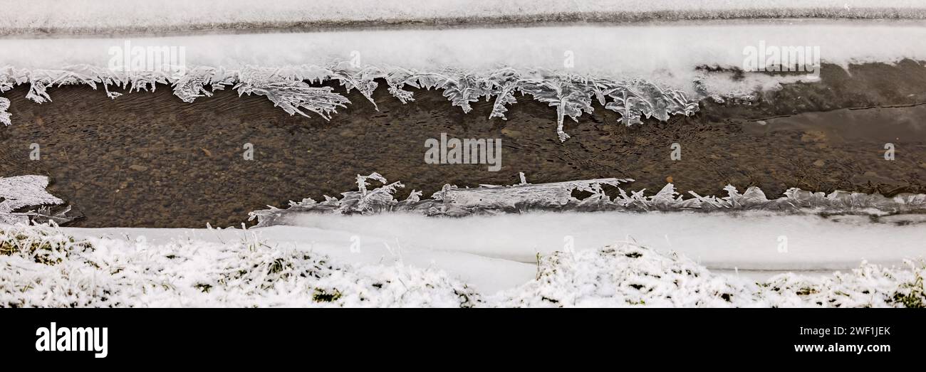 Panorama of water in a stream that is partially frozen over with ice ...