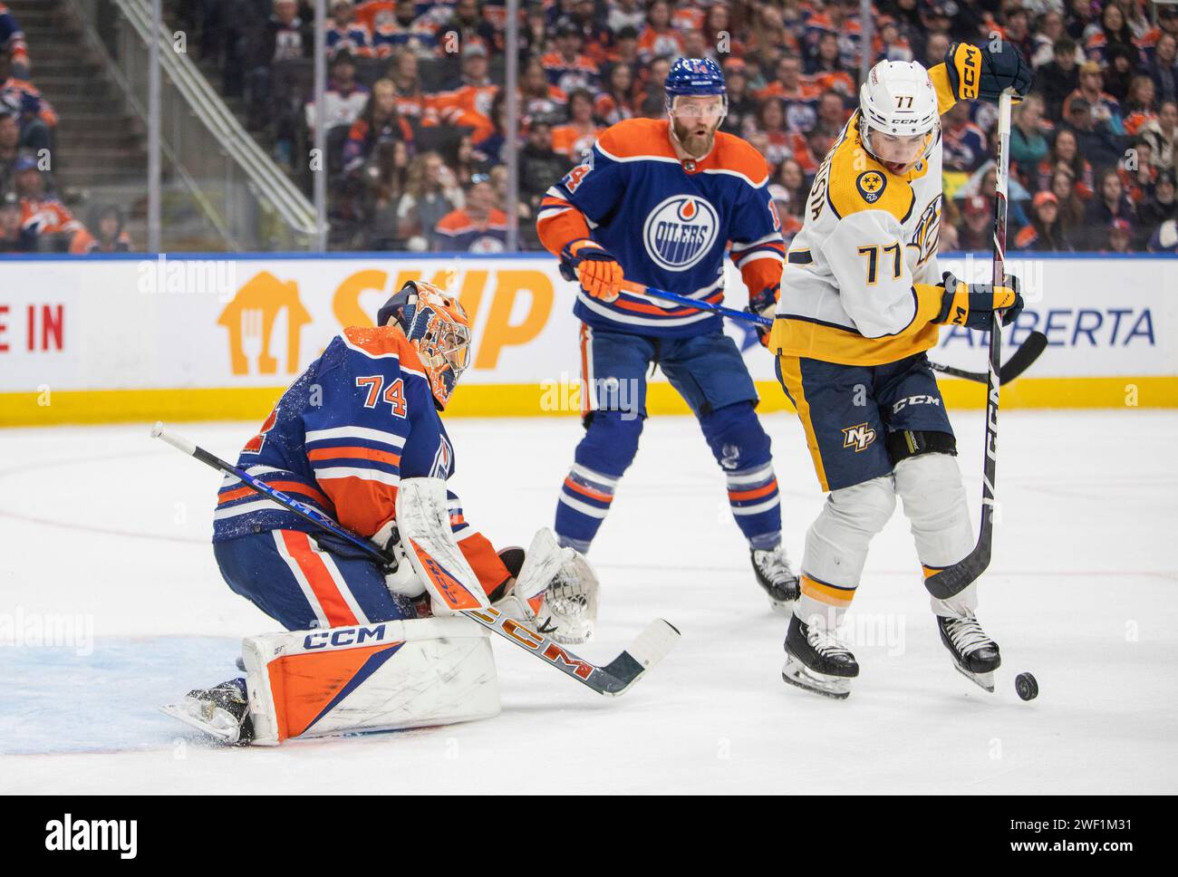 Nashville Predators' Luke Evangelista (77) looks for an opening against ...