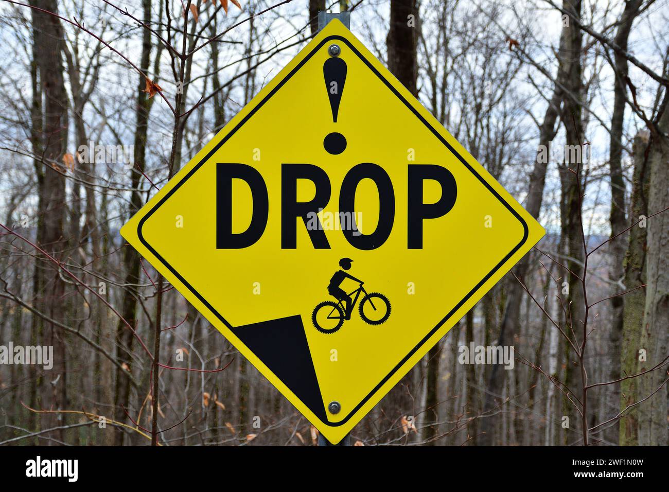 Mountain bike trail, Sudden Drop warning sign, Black and Yellow caution ...
