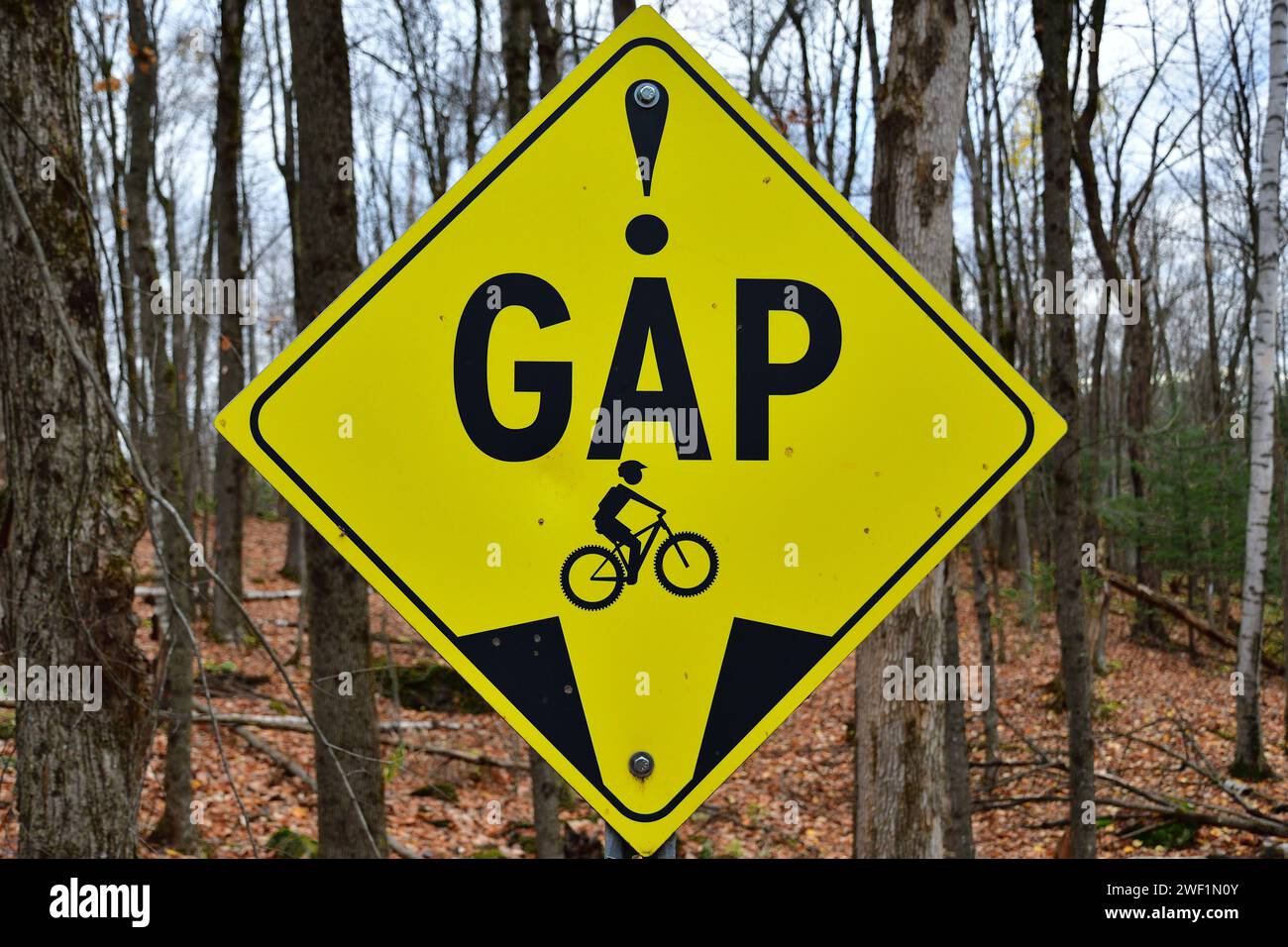 Mountain bike trail, Sudden Gap warning sign, Black and Yellow caution ...
