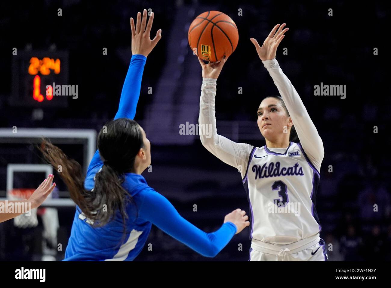 Kansas State guard Jaelyn Glenn (3) shoots over BYU guard Kaylee Smiler ...