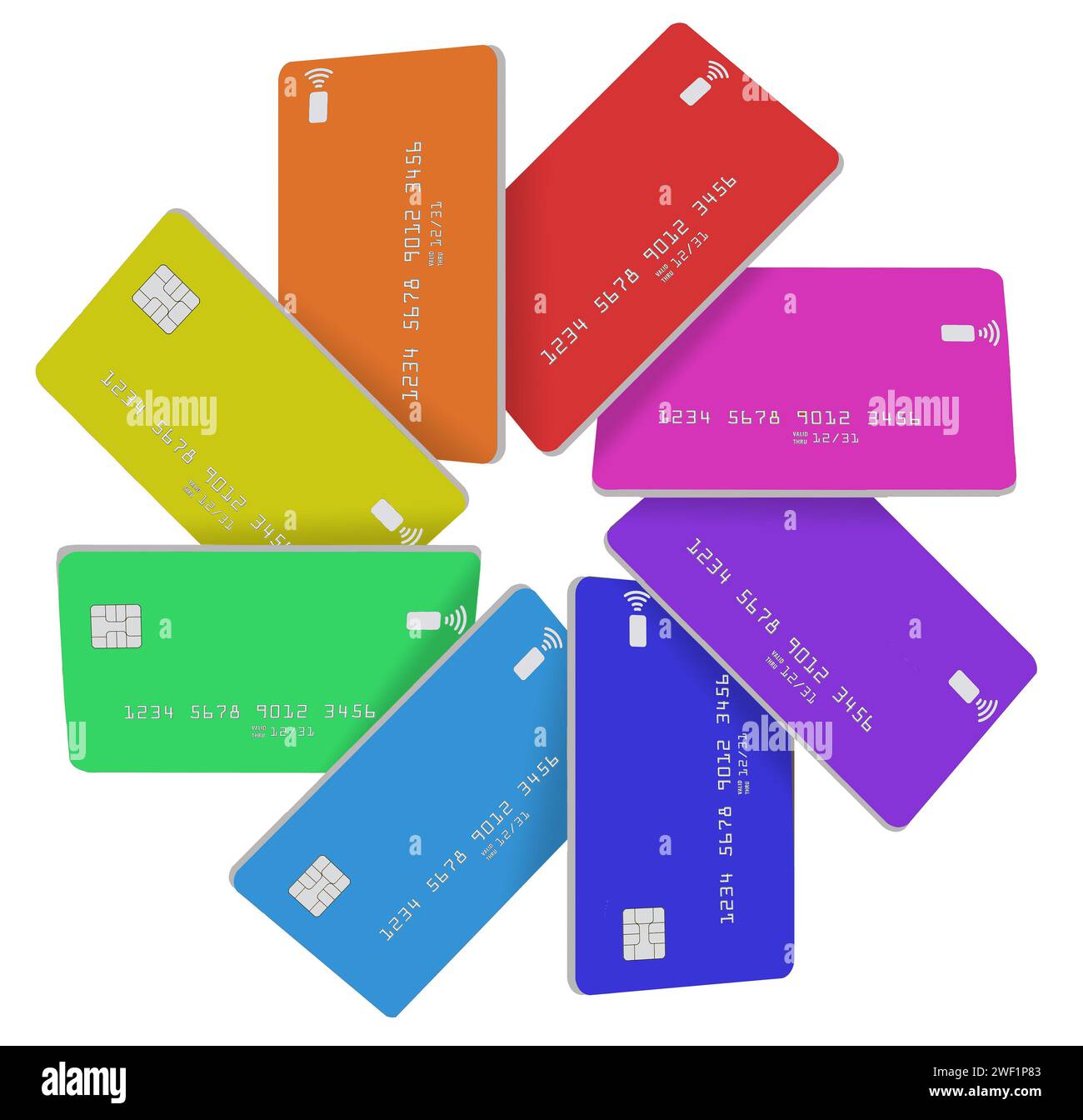 Credit cards, eight of them are arranged in a circular formation with ...