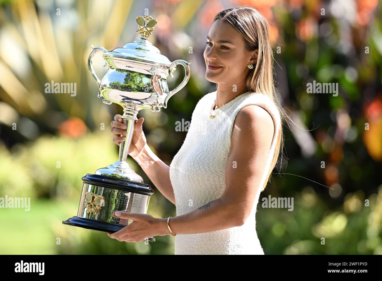 Melbourne, Australia. 14th Jan, 2024. Aryna Sabalenka of Belarus poses for a photo with the ...