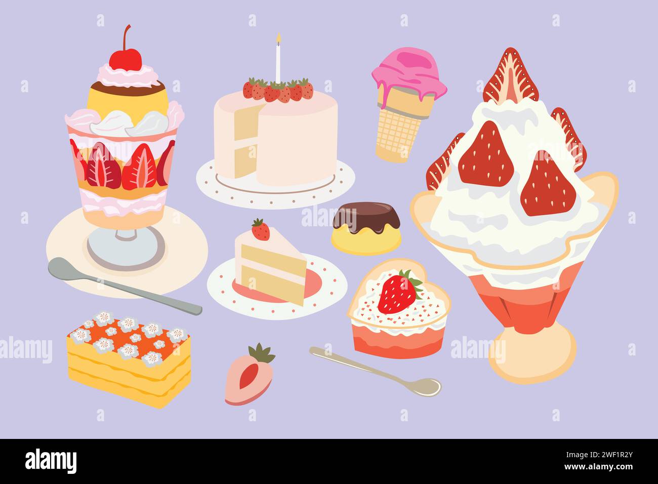Vector illustration of a set of different desserts on a purple ...
