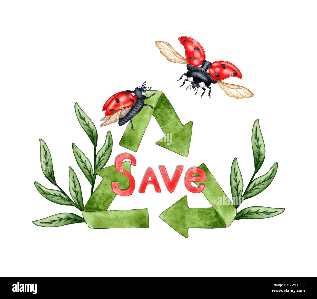 Watercolor illustration of a green recycling sign with sprouts ...