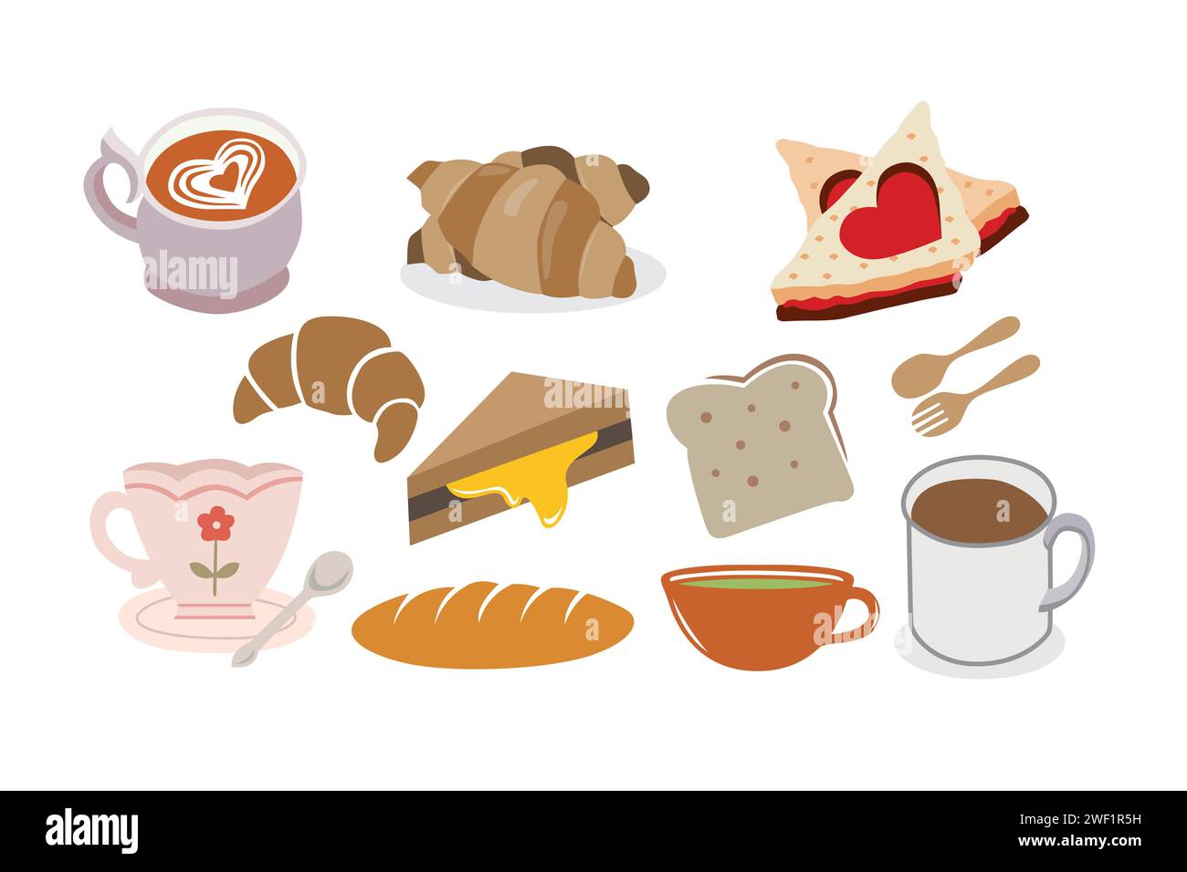 Breakfast set. Vector illustration in flat style. Coffee, tea ...