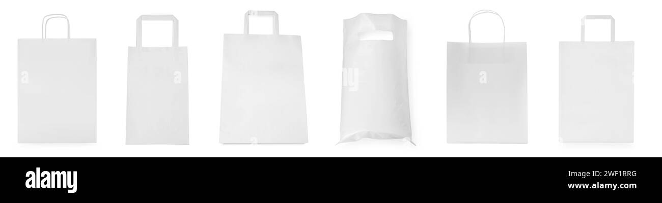 Different plastic and paper bags isolated on white, collection Stock ...