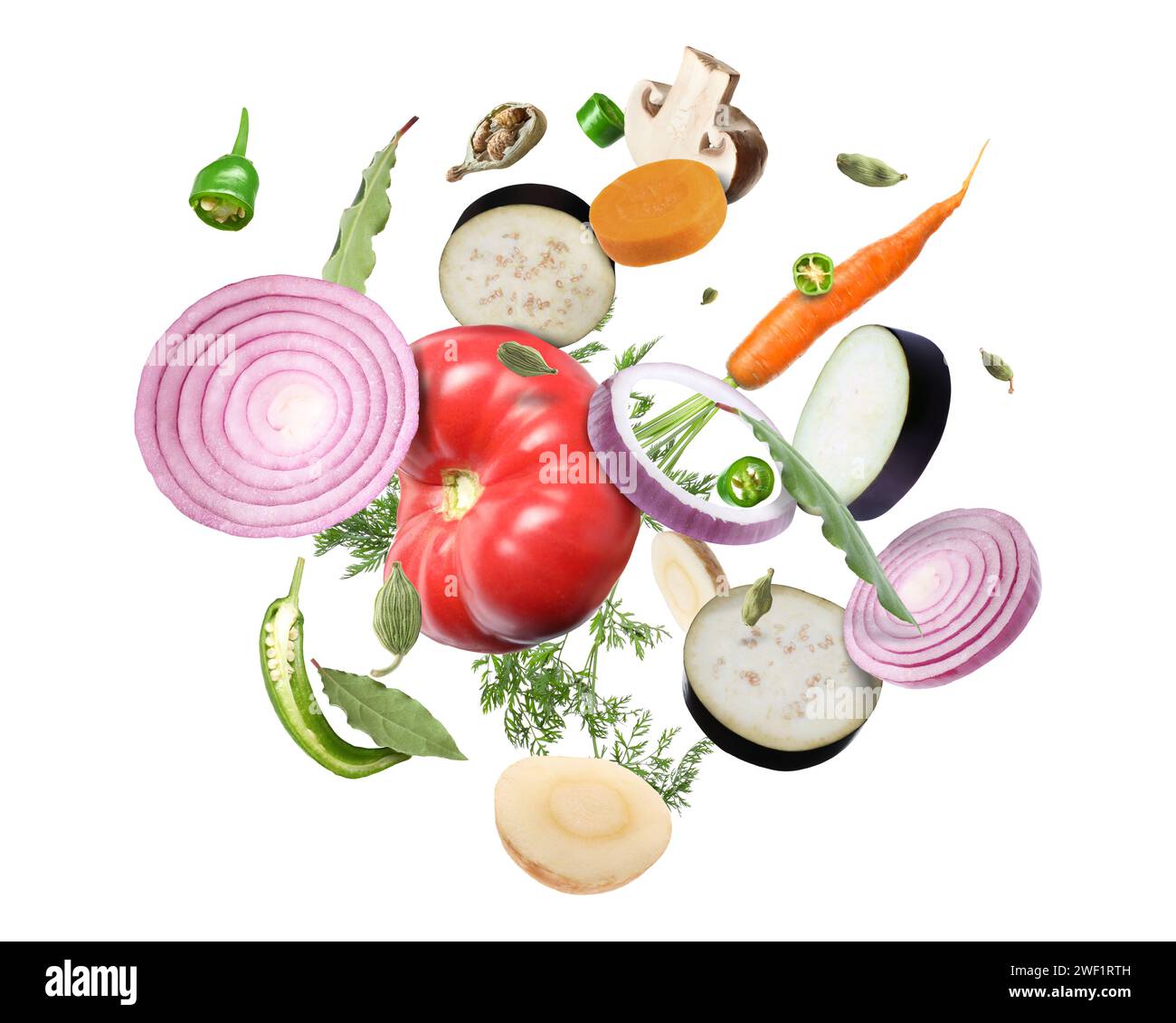 Different fresh vegetables and spices in air on white background Stock ...