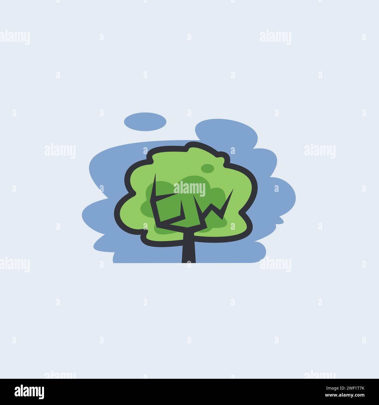 A cartoony logo featuring a tree with spiky branches with a sky ...