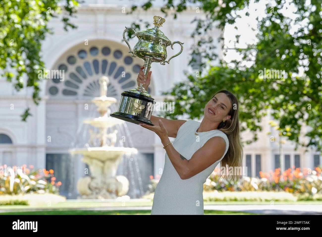 Aryna Sabalenka of Belarus poses with the Daphne Akhurst Memorial Cup the day after her win over ...