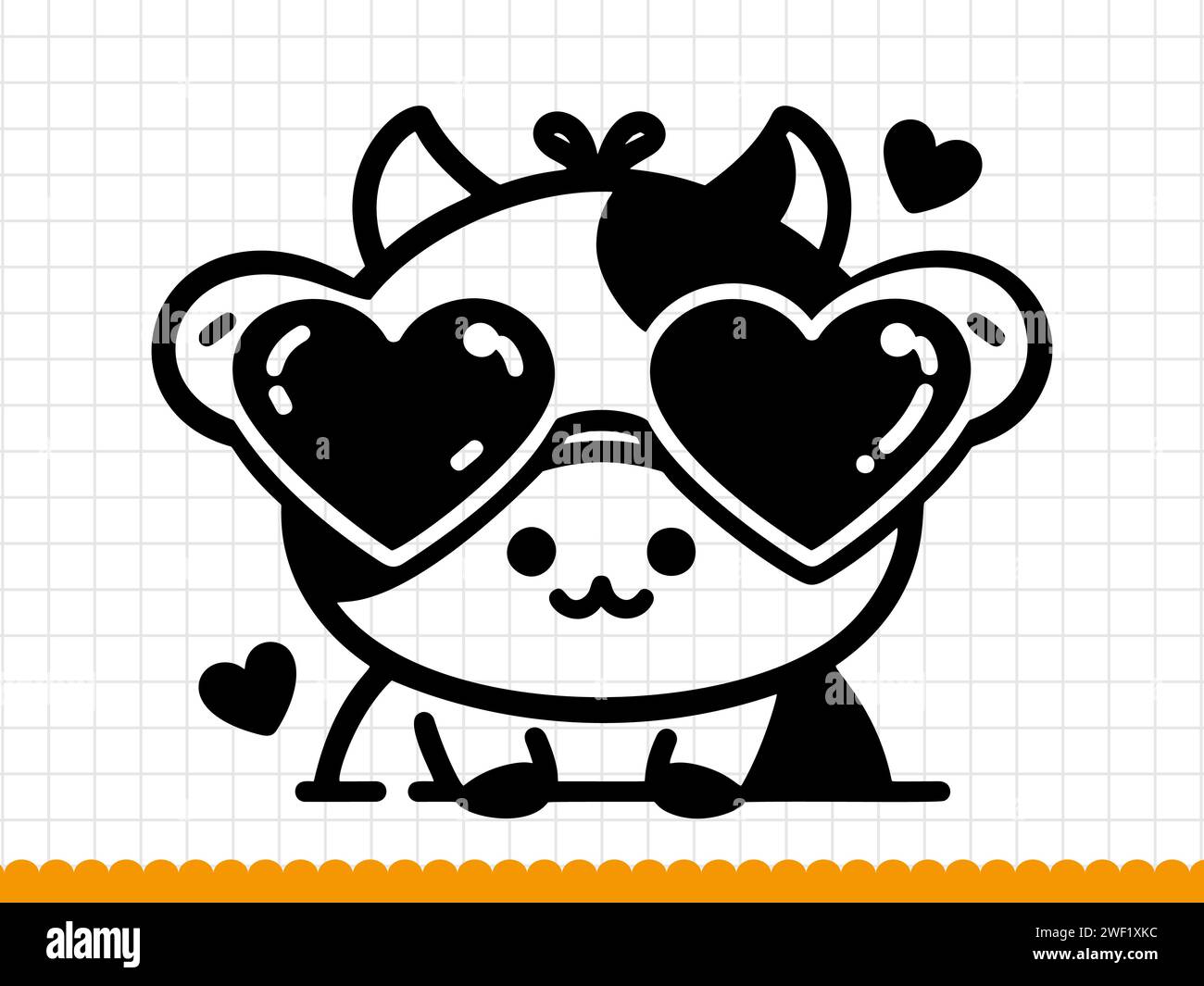Cute cow doodle face in heart shaped glasses. Vector outline ...