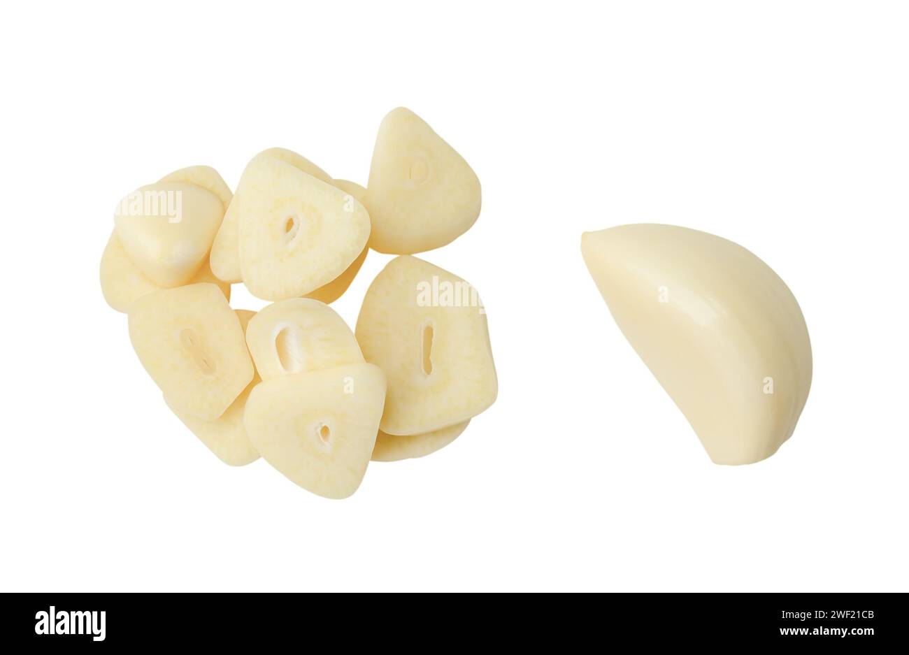 Top view set of garlic clove and slices or pieces is isolated on white ...
