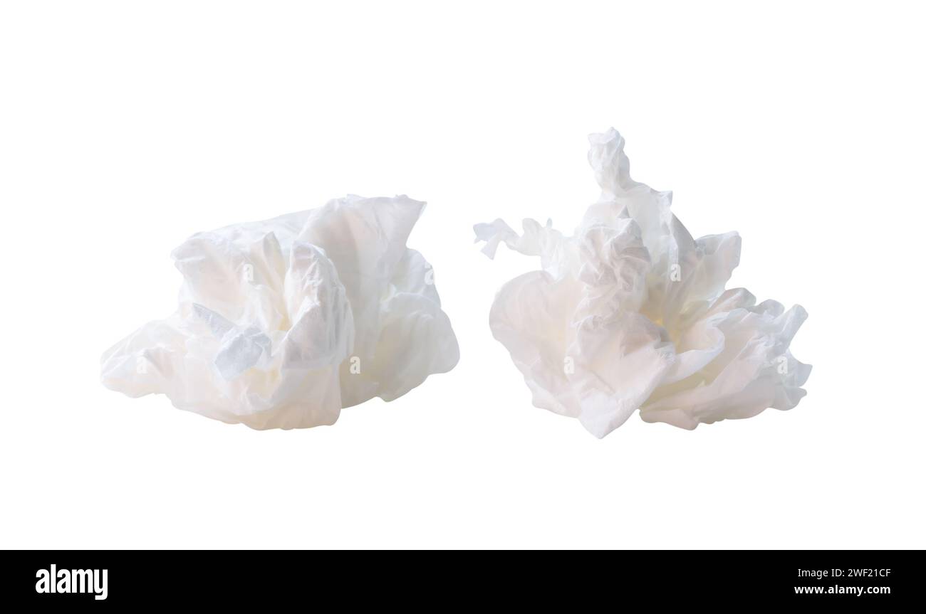 Front view of white screwed or crumpled tissue paper or napkin in set ...