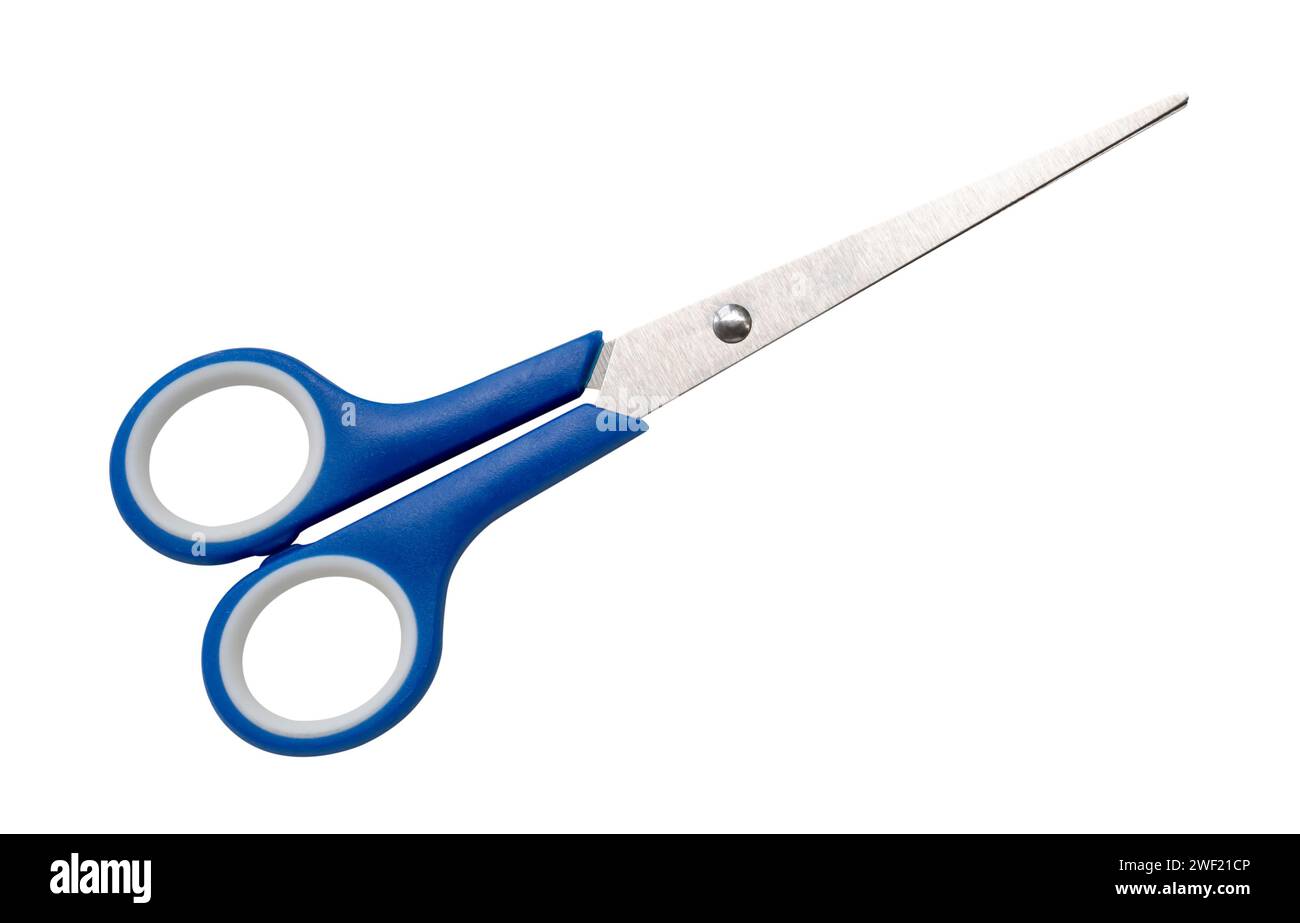 Top view of multipurpose scissors with blue handle is isolated on white ...
