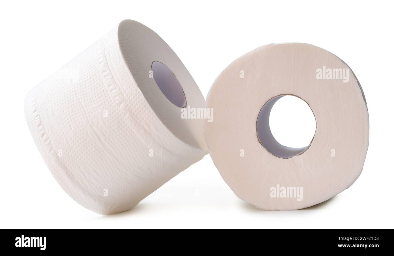 Front view of tissue paper rolls for use in toilet or restroom is ...