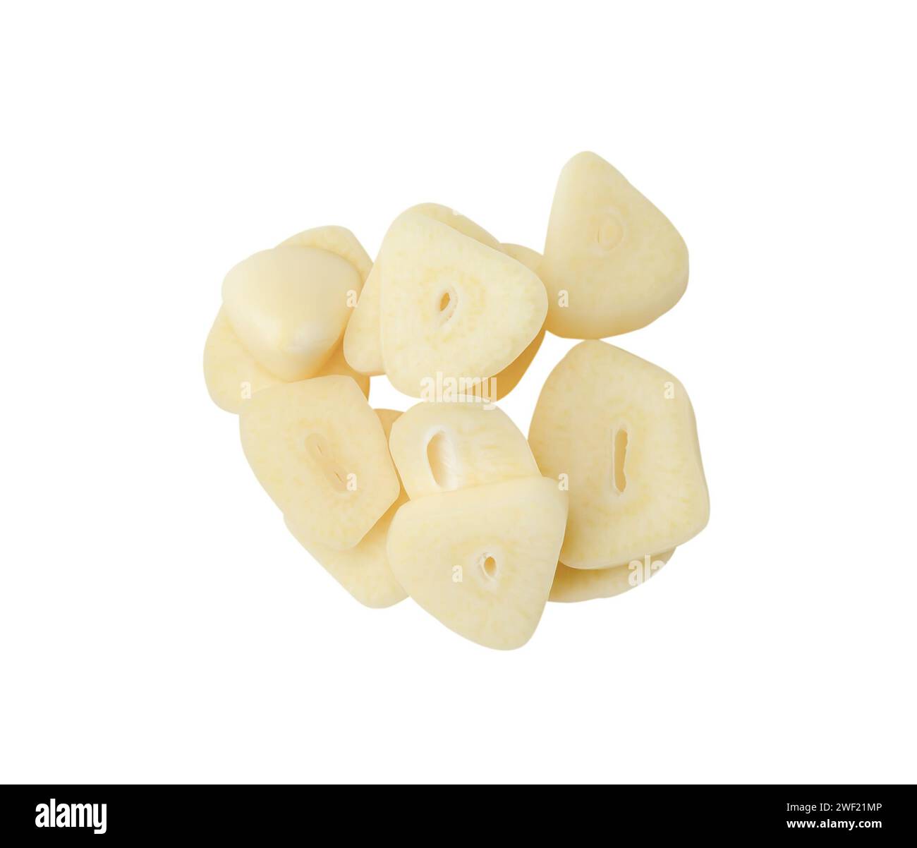 Top view of garlic slices or pieces in stack is isolated on white ...