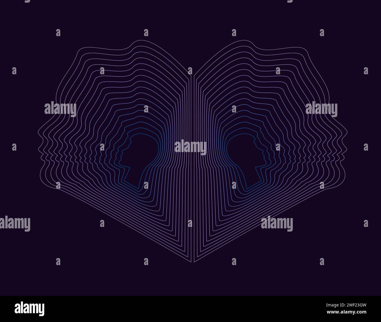 Human heads consisting of stripe wireframe lines. Psychedelic poster ...