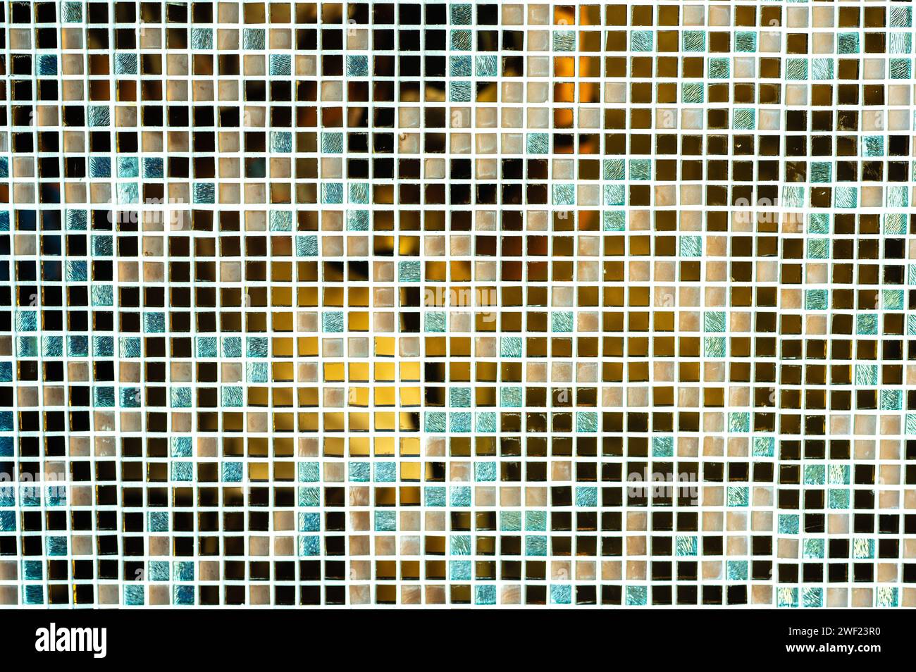 mosaic small golden, turquoise, and beige squares background. intricate ...