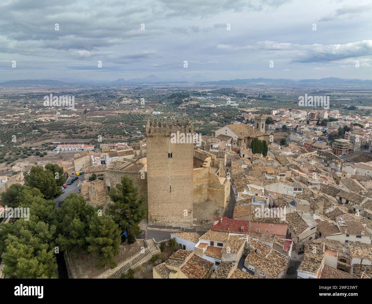 Aerial view of Moratalla castle in Murcia province Spain dominating the ...