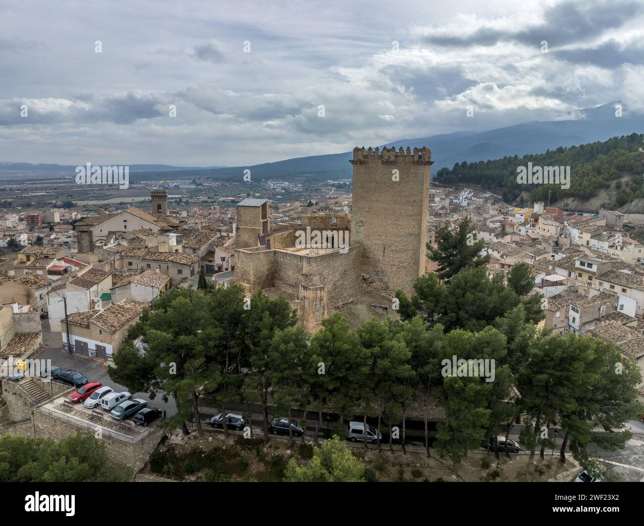 Aerial view of Moratalla castle in Murcia province Spain dominating the ...