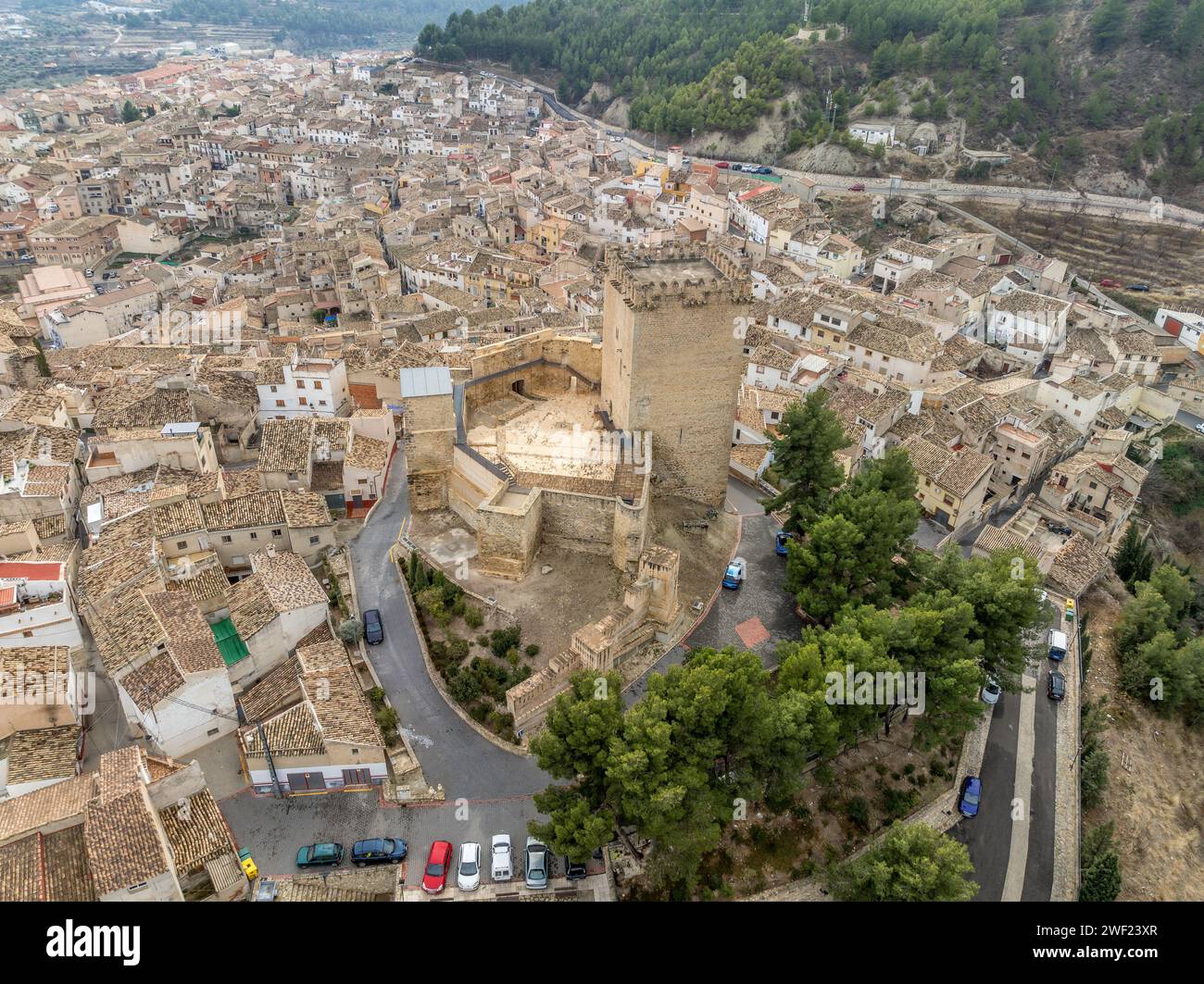 Aerial view of Moratalla castle in Murcia province Spain dominating the ...