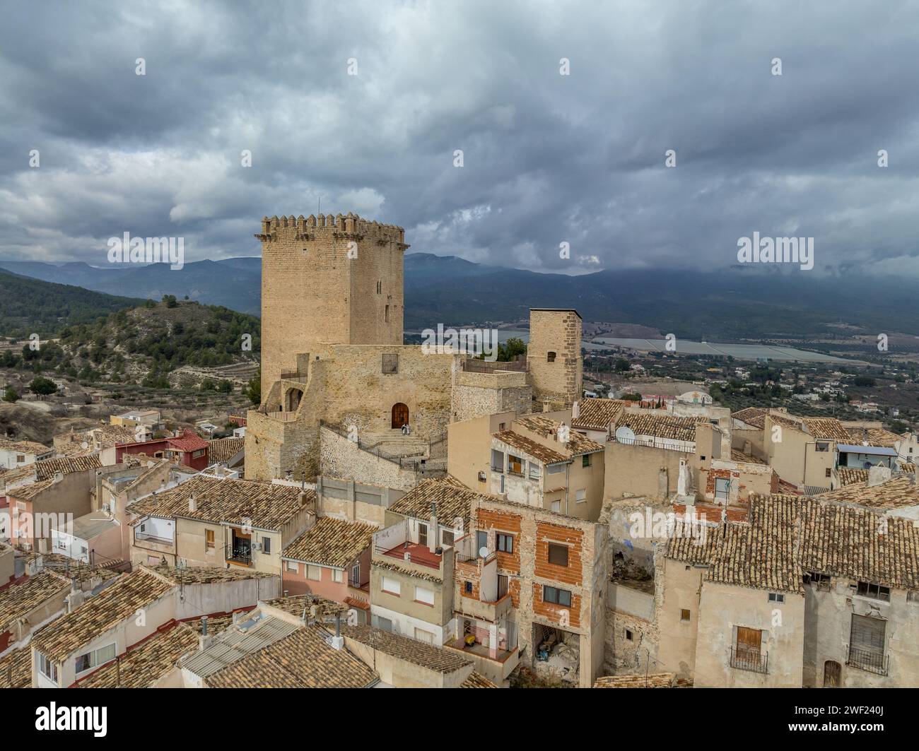 Aerial view of Moratalla castle in Murcia province Spain dominating the ...