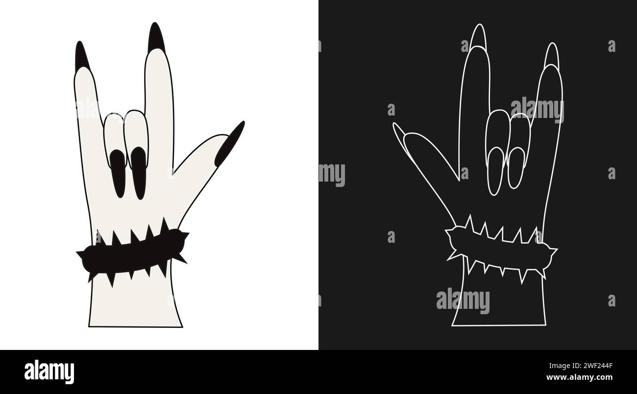 Rock on hand gesture. Cartoon style. Outline vector illustration ...