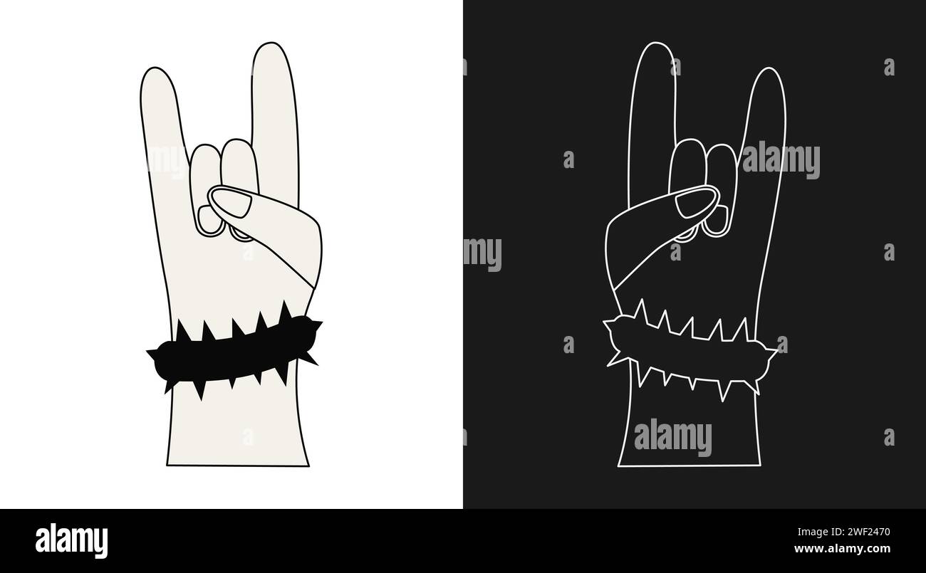 Rock on hand gesture. Cartoon style. Outline vector illustration ...