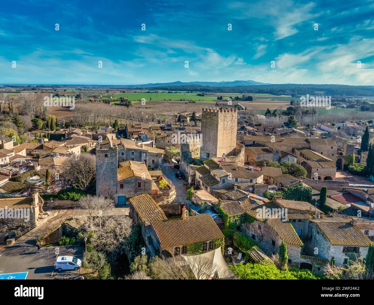 Aerial view of Peratallada, historic artistic small fortified medieval ...