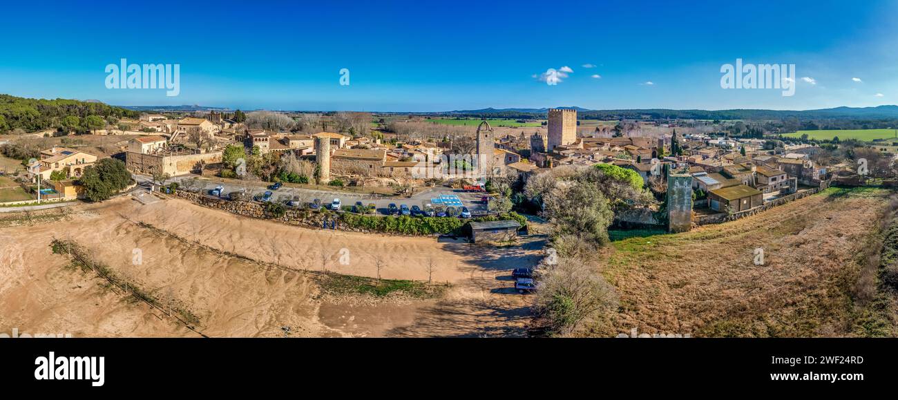 Aerial view of Peratallada, historic artistic small fortified medieval ...