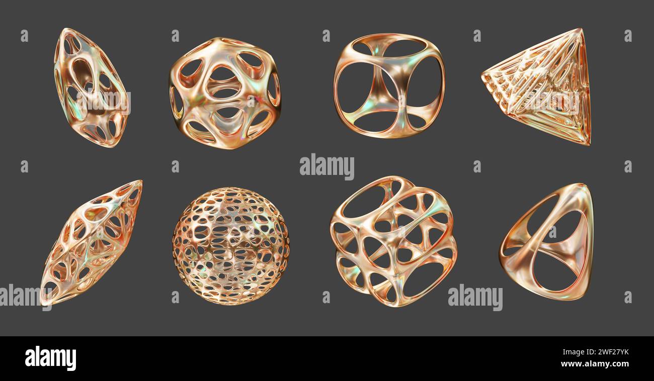 Gold geometry shape pack set isolated background 3d rendering without ...