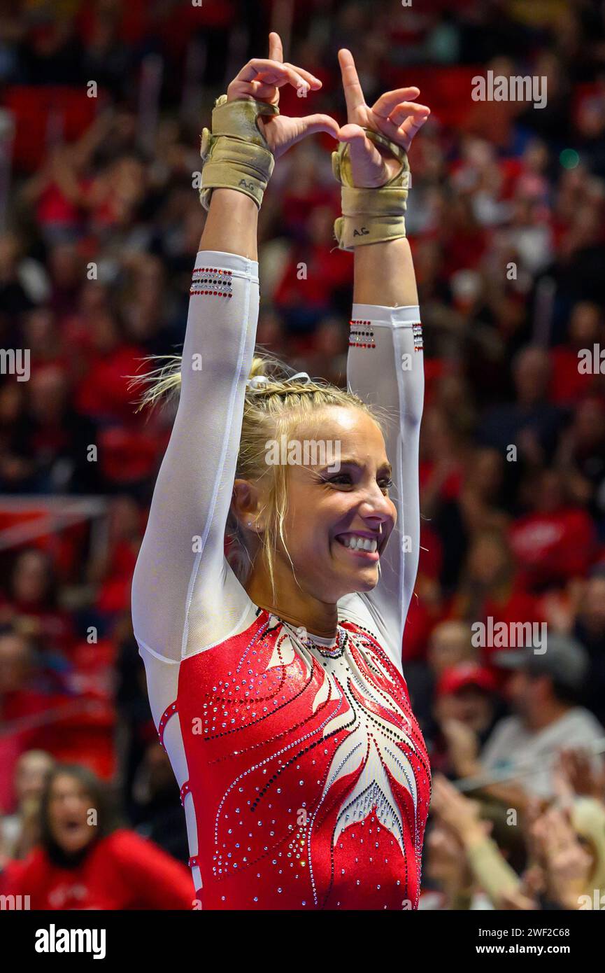 Utah gymnast Ashley Glynn celebrates after her vault performace during ...