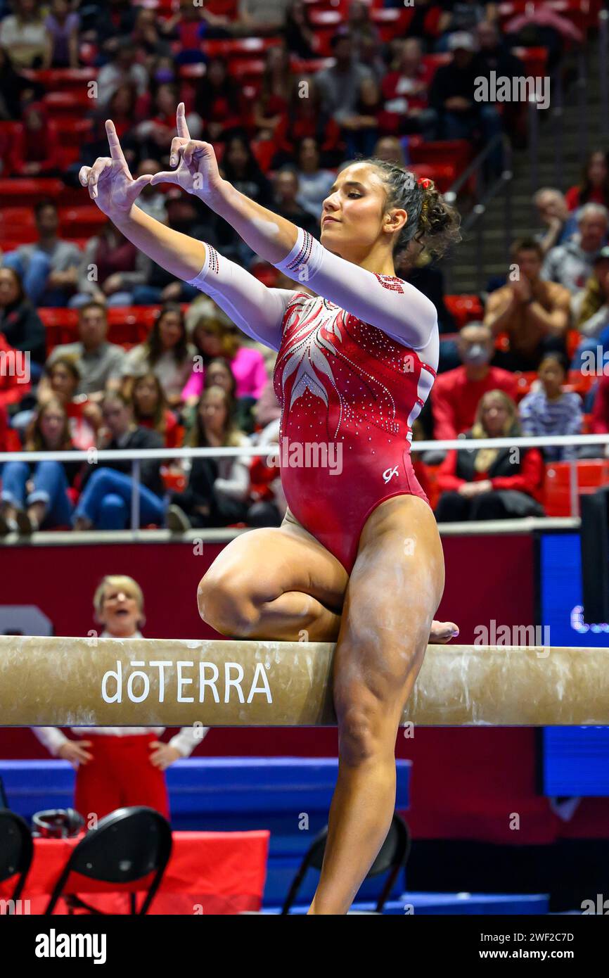 Utah gymnast Amelie Morgan performs on the beam during an NCAA ...