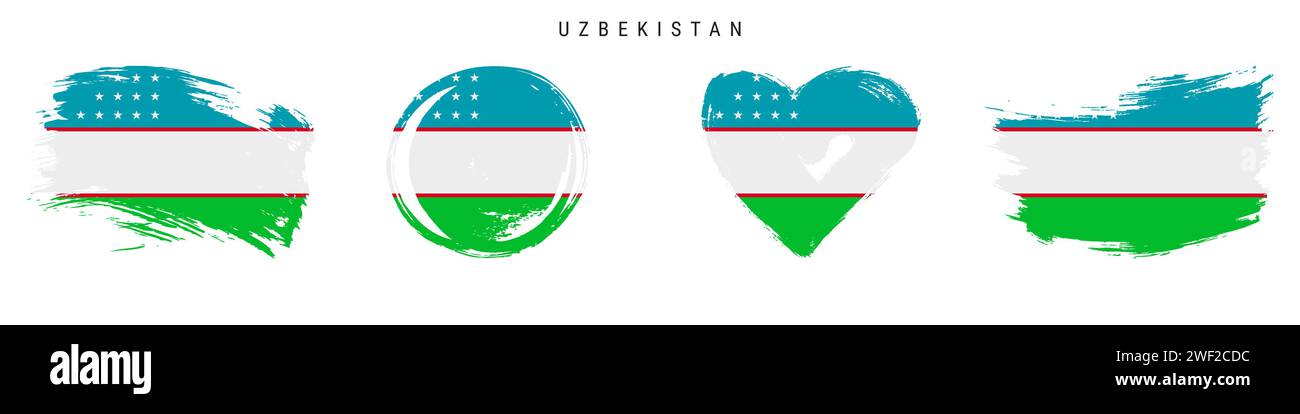 Uzbekistan hand drawn grunge style flag icon set. Uzbek banner in official colors. Free brush ...