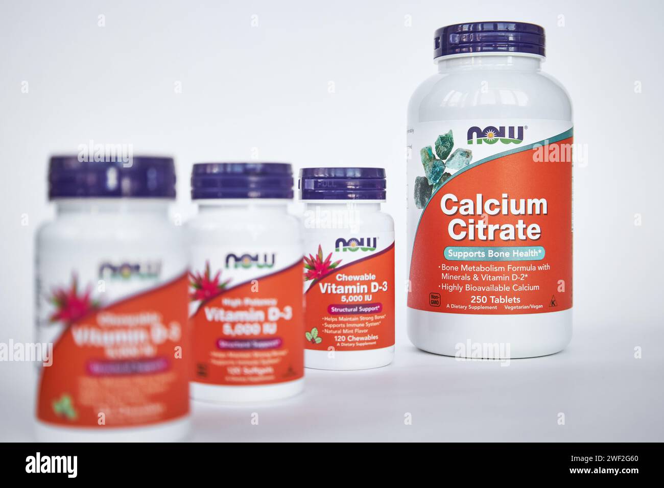 Row of Jars of vitamin D 3 and Calcium Citrate, NOW Foods Company, from ...