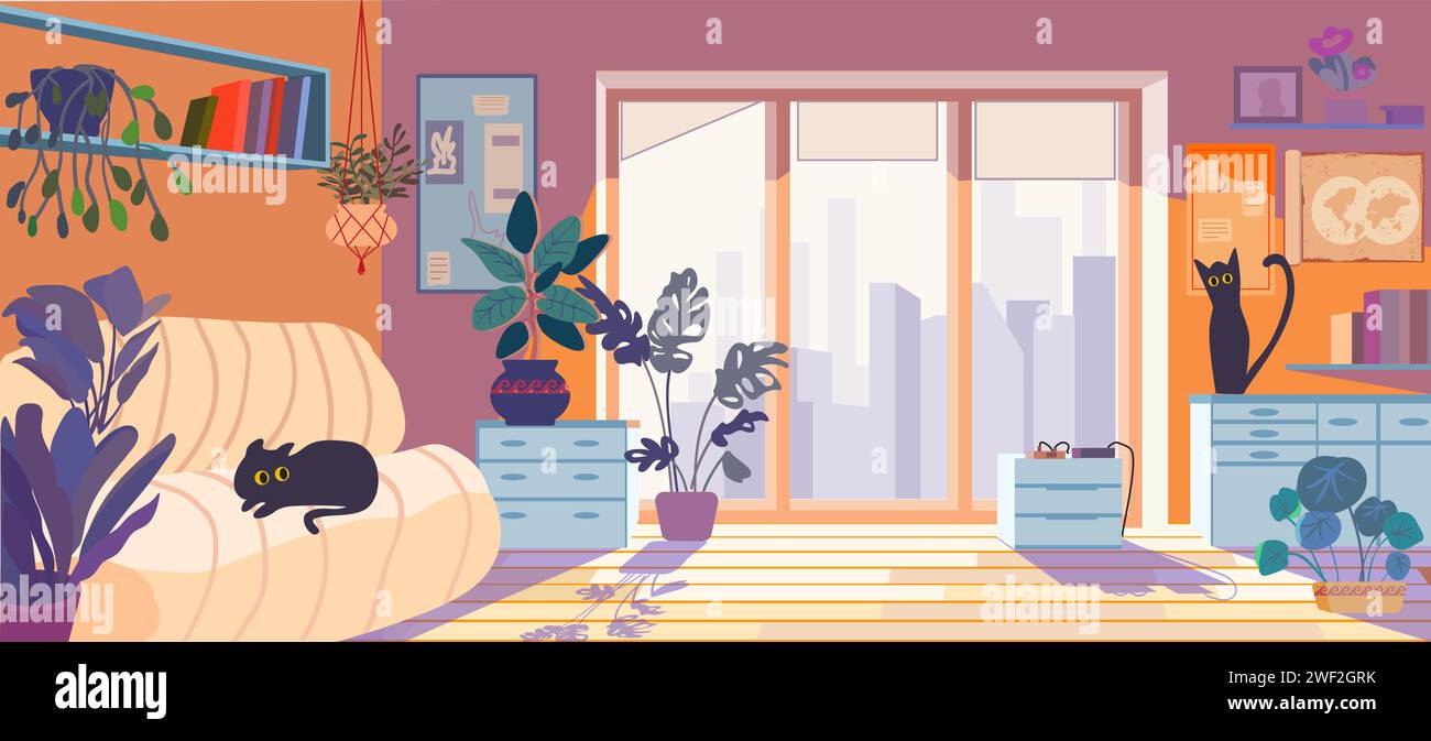 Cozy interior with pets. Cats on furniture. Bright room with wooden ...