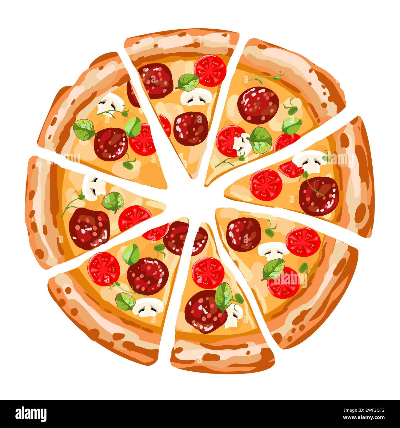 Pizza sliced with tomatoes and sausage. Italian Pepperoni pizza with ...