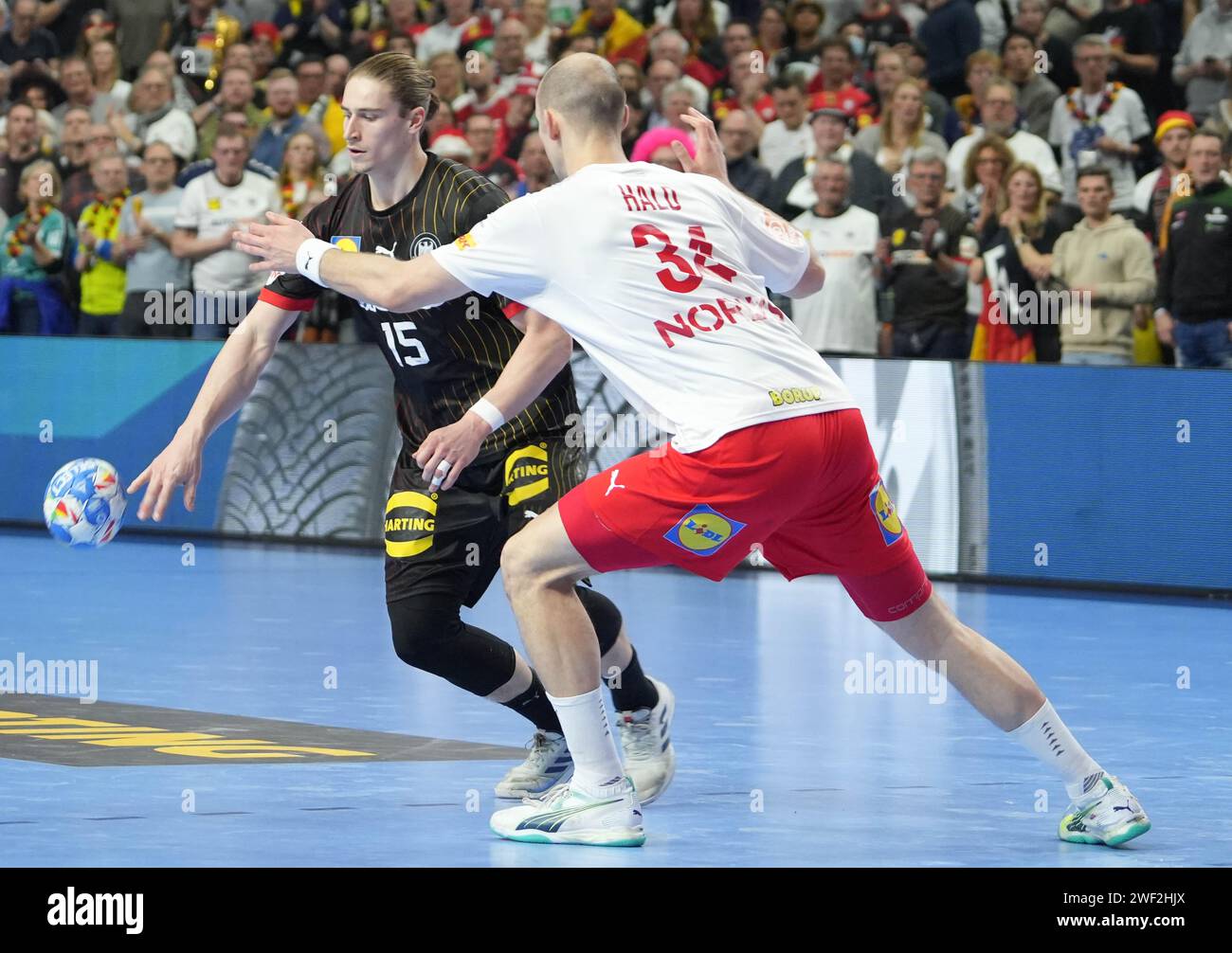 Juri Knorr of Germany and Simon Hald Jensen of Denmark during the Men's ...