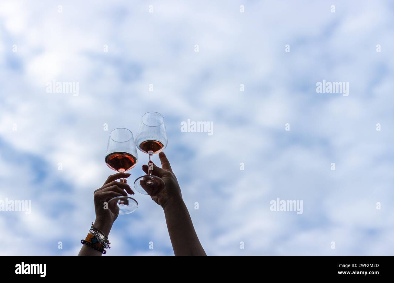 Image of the hands of a young female couple toasting with wine glasses ...