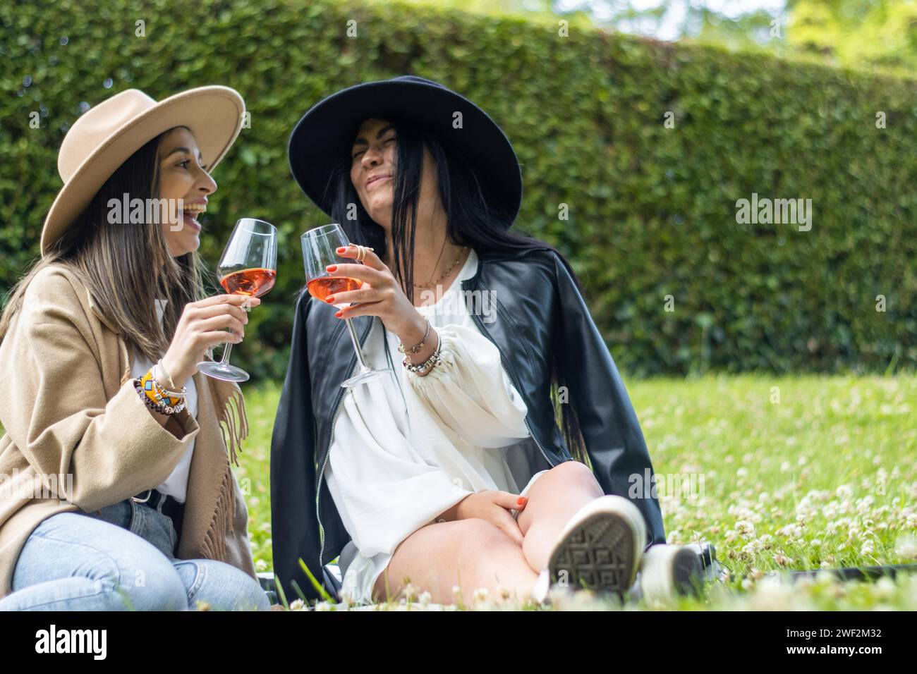Portrait of beautiful smiling women in hats toasting and drinking wine ...