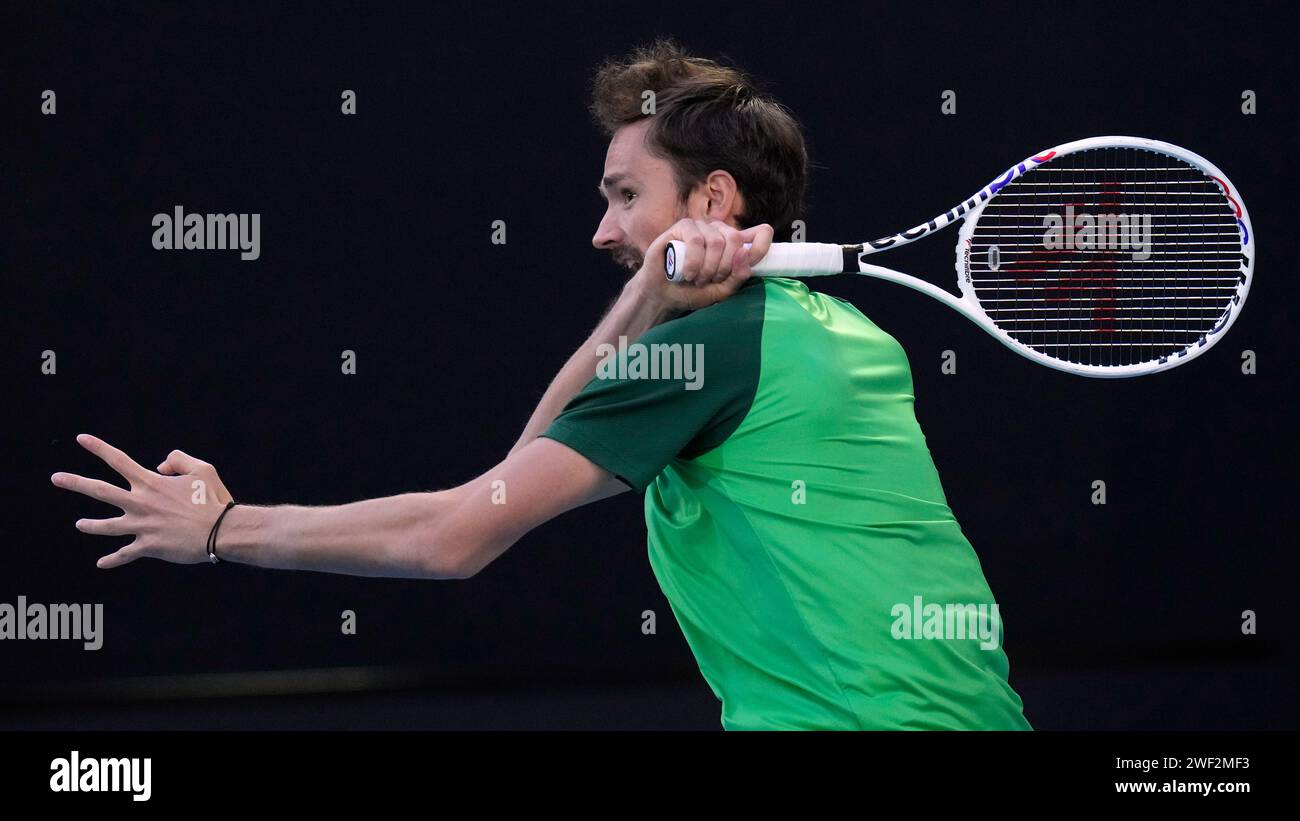 Daniil Medvedev of Russia plays a forehand return to Jannik Sinner of ...