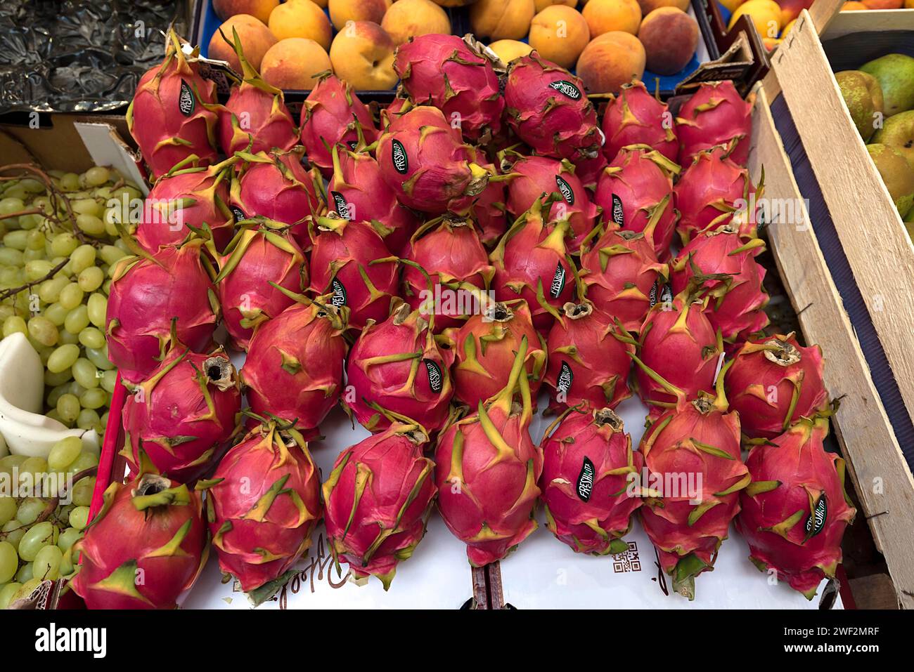 Dragon fruit (Selenicereus undatus) at a fruit stand, Genoa, Italy ...