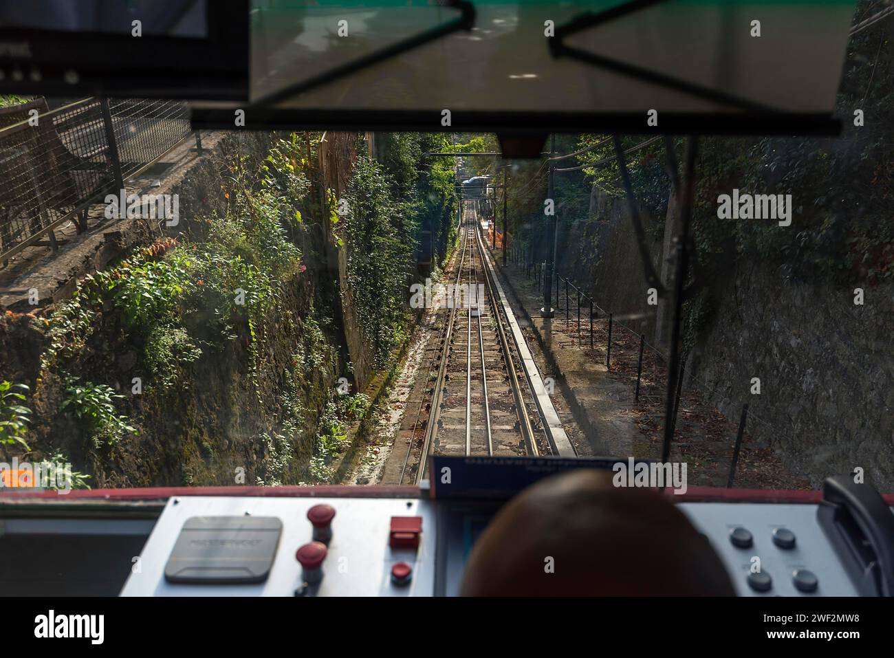 View of the funicular railway funicolare Zecca Righi on the descent to ...