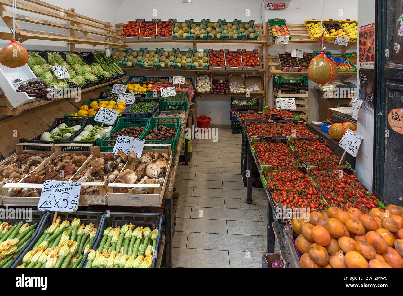 Fruit and vegetable shop in the old town centre, Genoa, Italy, Europe ...