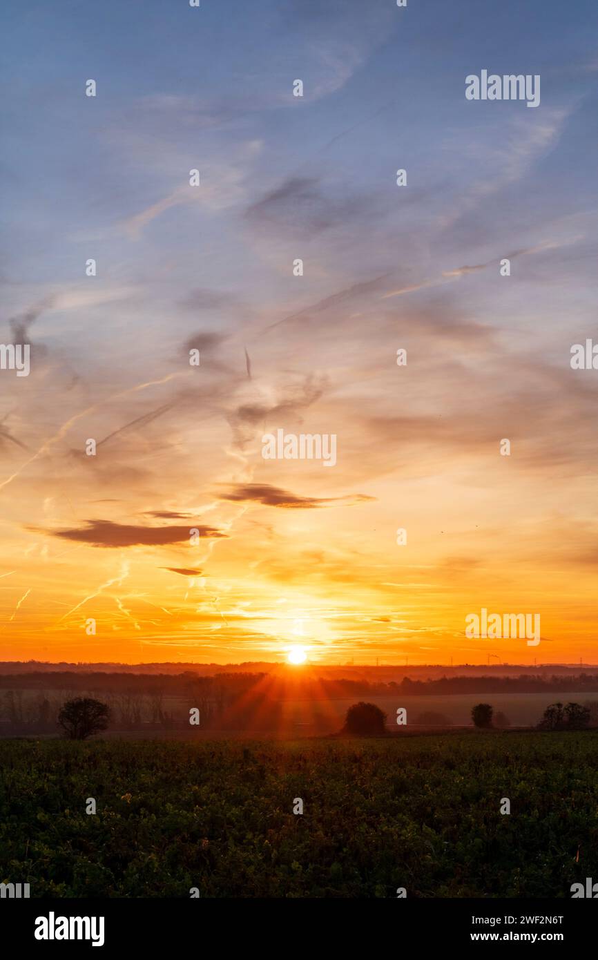 Winter sunrise over the small village of Chislet, Herne Bay in Kent ...